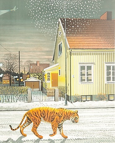 OIDENTIFIERAD KONSTNÄR. "En svensk tiger", färglitografi, signerad i ...