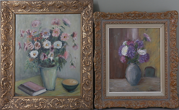 OIDENTIFIERAD KONSTNÄR. Blumenstillleben, 2 Stück, Öl auf Leinwand, signiert R Thollenius. Kunst ...