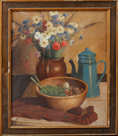 ELLIS WALLIN. Still life with flowers in mug blue jug. Oil on canvas ...