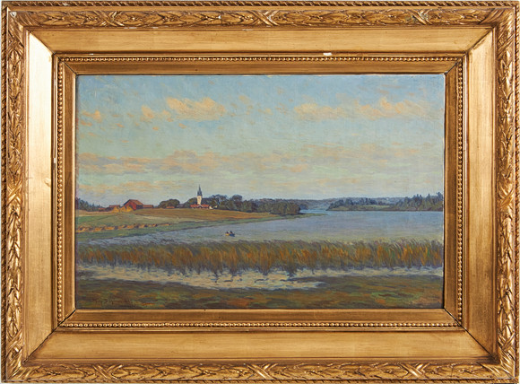 WILHELM BEHM (1859-1934) Lake landscape with Fröstuna church, Gnesta ...