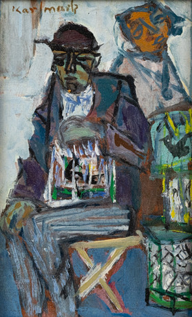 GERHARD KARLMARK. Sitting man with wife in background, oil on panel ...
