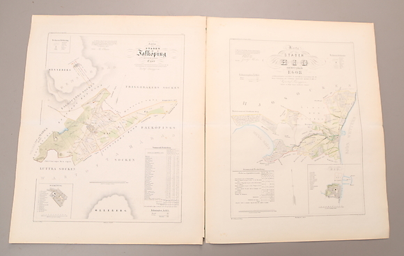 CITY MAPS, 2 pcs, color lithographs, Falköping + Hjo, dated 1856. Art ...