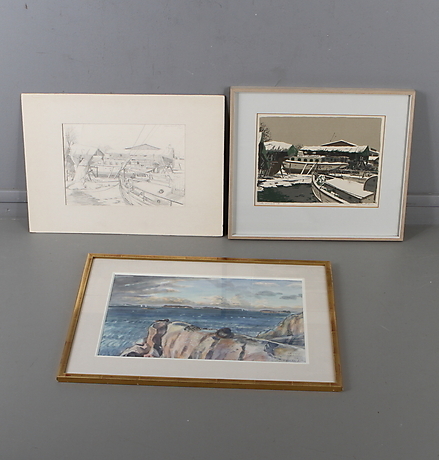 HASSE LINDROTH. 3 pieces, lithography, drawing and watercolour, signed ...