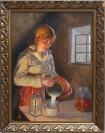 EMIL LINDGREN. Girl with milk pail. Oil on canvas, signed and dated ...