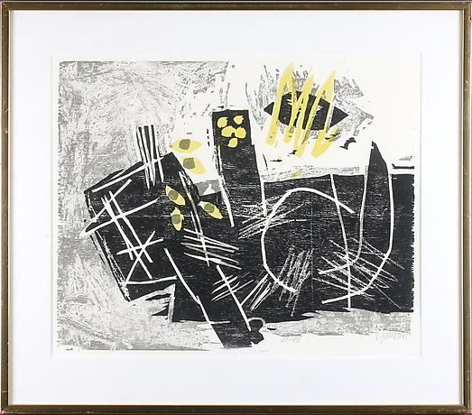 VIDE JANSSON. "Cat and bird", color lithograph, signed and numbered 35/ ...