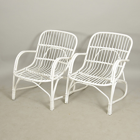 ARMCHAIRS, 1 pair, white painted rattan, later painting. Furniture ...