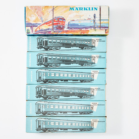 MÄRKLIN LOK OCH VAGNAR, spår Ho, 7 dlr, bestående av 3043 SJ:s Rc-lok ...