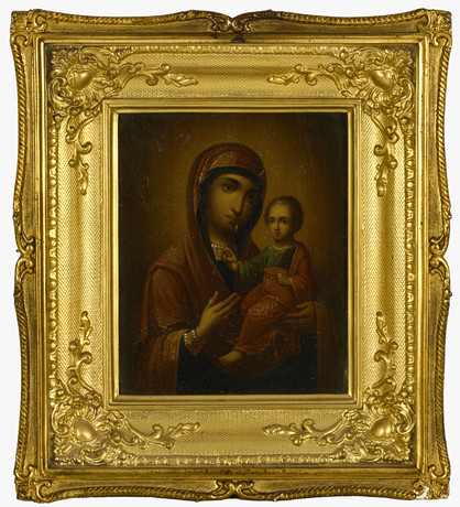 IKON, Maria och barnet i glaserad ikonlåda, omkring 1900. Konst ...