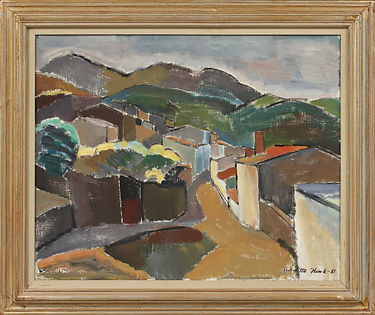 BIRGITTA FLINK. Landscape with houses, oil on canvas, signed and dated ...