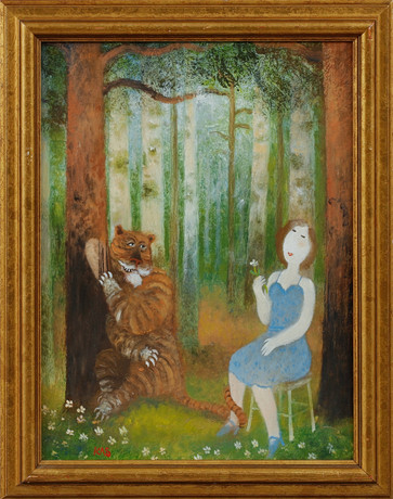 KJELL SUNDBERG. "Teach me tiger", olja på pannå, signerad. Konst - Måleri - Auctionet