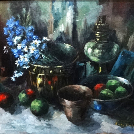 DAMEN, RICKY. FLOWERS AND FRUIT WITH POTS, oil painting, with frame ...