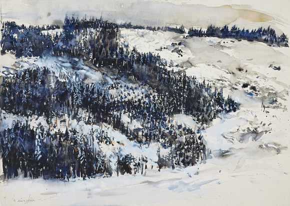 LARS LERIN. Hygge, sluttning med granar. Konst - Måleri - Auctionet