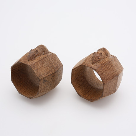 ROBERT THOMPSON, "THE MOUSEMAN". TWO ENGLISH CUT OAK NAPKIN RINGS, MID ...
