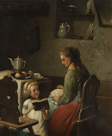 CHARLES HENRY BONNER. Interiör med kvinna och barn, olja på duk ...