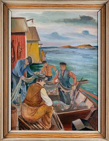 JOHN VILHELM HERBERT EKELUND. "Fiskelag från Mjällom", Olja på pannå ...