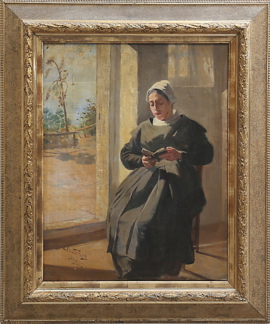 INGEBORG WESTFELT EGGERTZ. Interior with reading woman, oil on canvas ...