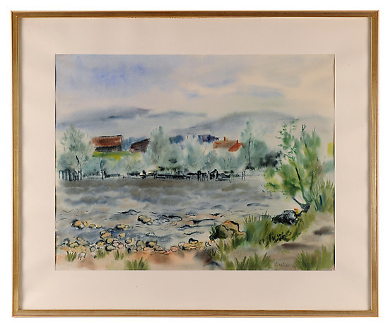 FLORIAN BREUER. View across a meadow to a village. Art - Paintings ...
