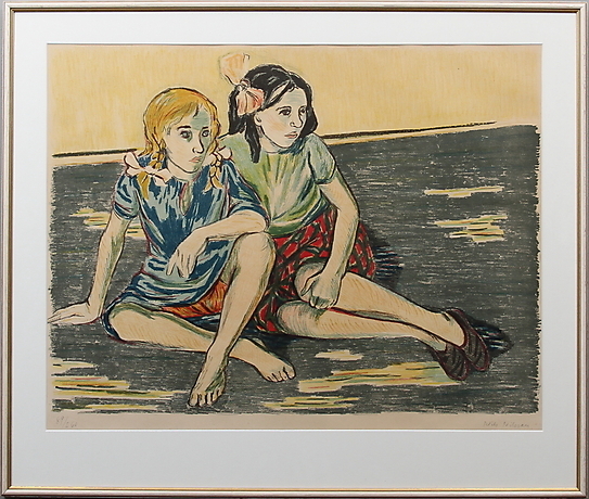 NILS NILSSON. Sitting girls. Color lithograph. Signed and numbered 89/ ...