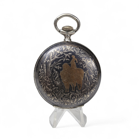 BILLODES, a silver savonette pocket watch with gold inset, and Niello ...