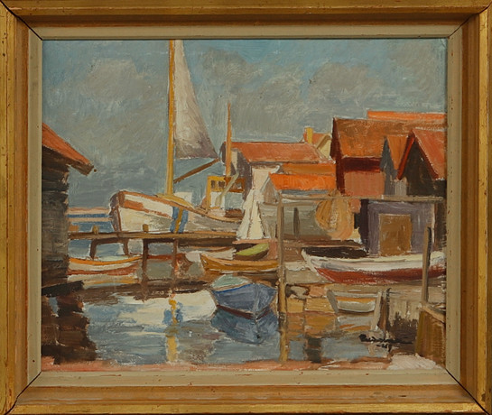 ELLIS WALLIN. “Boats and boathouses”, oil on panel, signed and dated ...