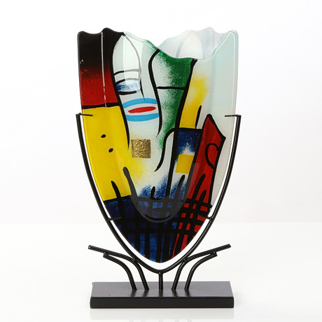 A VASE, GLASS SCULPTURE with a metal stand, “Pablo” Benjamin Art glass ...