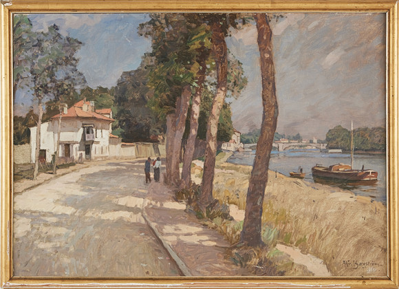 ALFRED BERGSTRÖM (1869-1930). "Motiv från Seinen", olja på duk ...