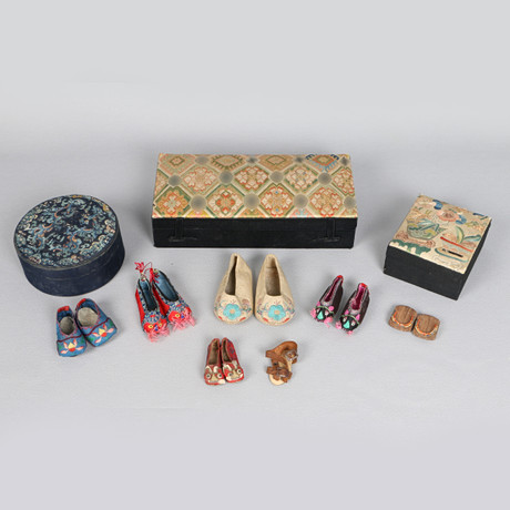 A GROUP OF CHINESE SILK EMBROIDERED BOXES & DOLLS SHOES, 19TH CENTURY ...