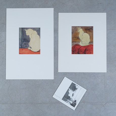 THEODOR BRÜN (1885-1981). Cat on red sofa and cat on red carpet, two watercolors. Art - Drawings ...