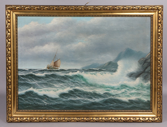 JOHN JOHNSEN (NORWEGIAN, 20TH CENTURY) STORMY SEASCAPE WITH SAILING ...