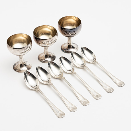 A set of 3 and 6 silver chalks/snapsglas, Markenius G H, 1953 and GAB ...
