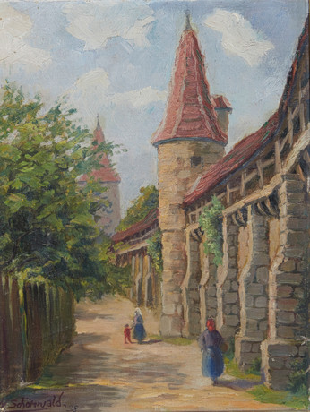 HANS SCHÖNWALD (ACT.C.1930). 'City wall (star tower) in Rothenburg ...
