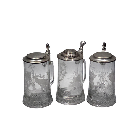 Three glass and zinc beer mugs. Glass - Utility glass - Auctionet