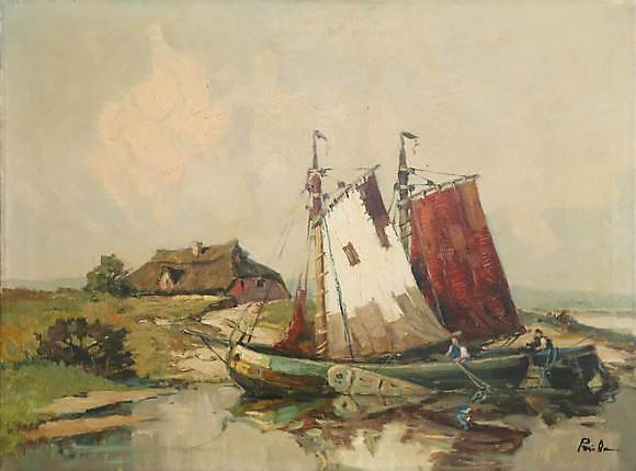 PRIEBE, RUDOLF. ''TWO FISHING BOATS ON THE SHORE''. Art - Paintings ...