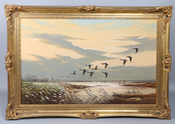 KEITH W. HASTINGS (BRITISCH, 20. JAHRHUNDERT) „ABENDFLUG — GÄNSE ÜBER ...