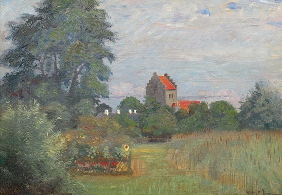 VIGGO LANGER (1860-1942). Motif with village church and rectory, oil on ...