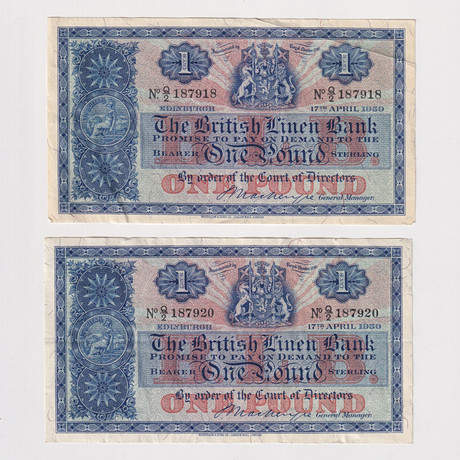 TWO BRITISH LINEN BANK £1 NOTES (2). Coins, Medals & Stamps - Coins ...
