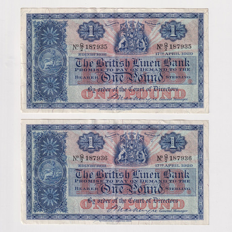 TWO BRITISH LINEN BANK £1 NOTES (2). Coins, Medals & Stamps - Coins ...