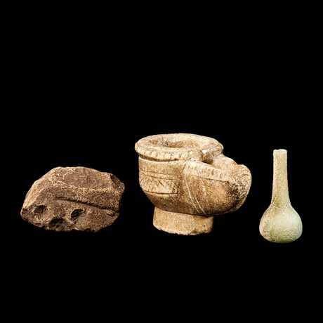 OIL LAMP and UNGUENTARIUM, 3 dlr, oil lamp from Islamic cultural area c ...