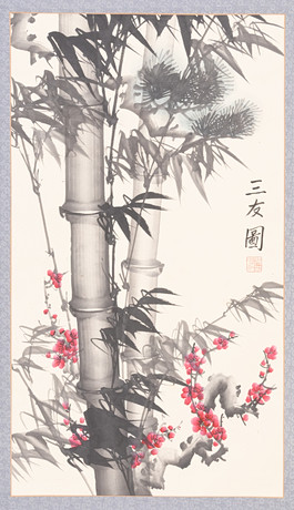 OIDENTIFIERAD KONSTNÄR. Bamboo, pine and cherry blossom, ink, scroll ...