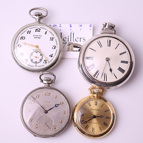 POCKET WATCH, 4 pcs, Exacta Molnija / unmarked / Eterna / Santima, 18th ...