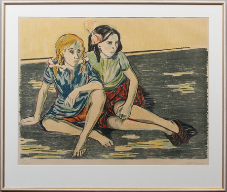 NILS NILSSON. Sitting girls. Color lithograph. Signed and numbered 89/ ...