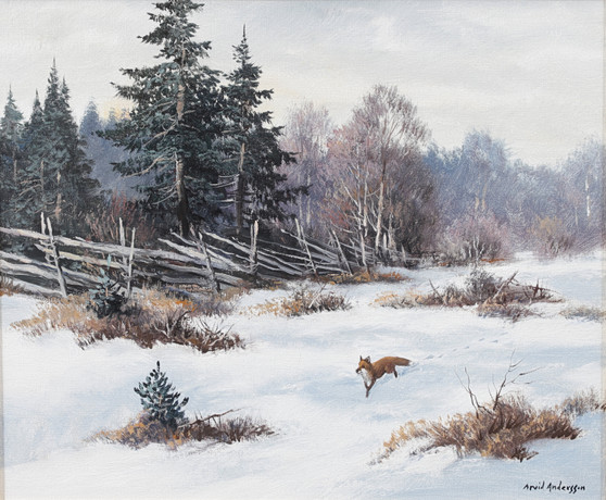 ARVID ANDERSSON. Olja på duk, räv i vinterlandskap, signerad. Konst - Måleri - Auctionet