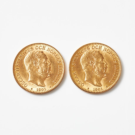 A pair of coins, 21, k gold, 10 kr, Oscar II, King of Norway and Sweden ...