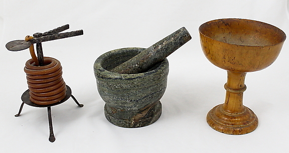 MISCELLANEOUS ALLMOGE, mortar in Kolmården marble, stump stake, wooden ...
