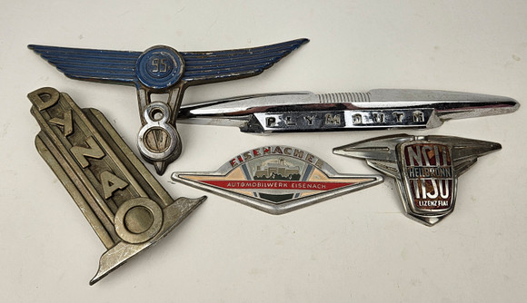 VEHICLE BADGES AND EMBLEMS, metal, Art Deco style, including Plymouth ...