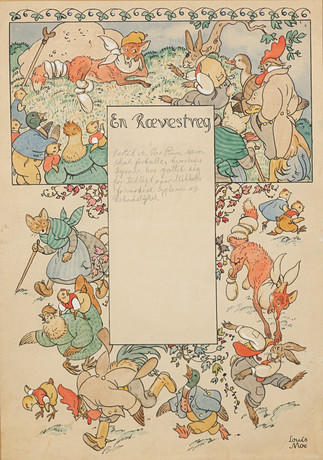LOUIS MOE (1857-1945). Färgad illustration för 'A Fox Strike, tusch och ...
