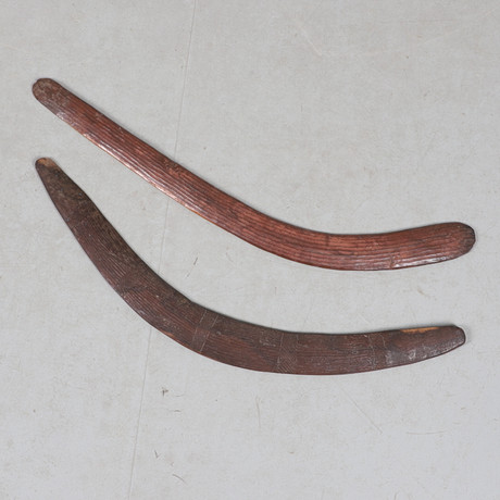TWO ABORIGINAL THROWING STICKS OR BOOMERANGS WITH FINELY TEXTURED ...