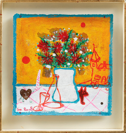 IAN RUSTH. Blomsterstilleben mot gul fond. Handkolorerad serigrafi ...