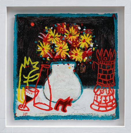 IAN RUSTH. Interiör med blomsterstilleben. Handkolorerad färgserigrafi ...