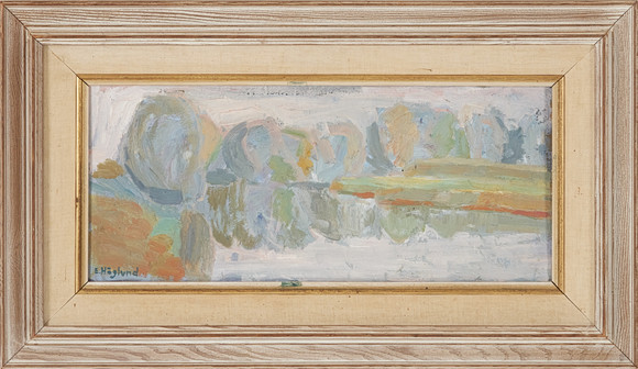 ERIK HÖGLUND. Tree in evening sun, mirrored in lake, oil on panel ...